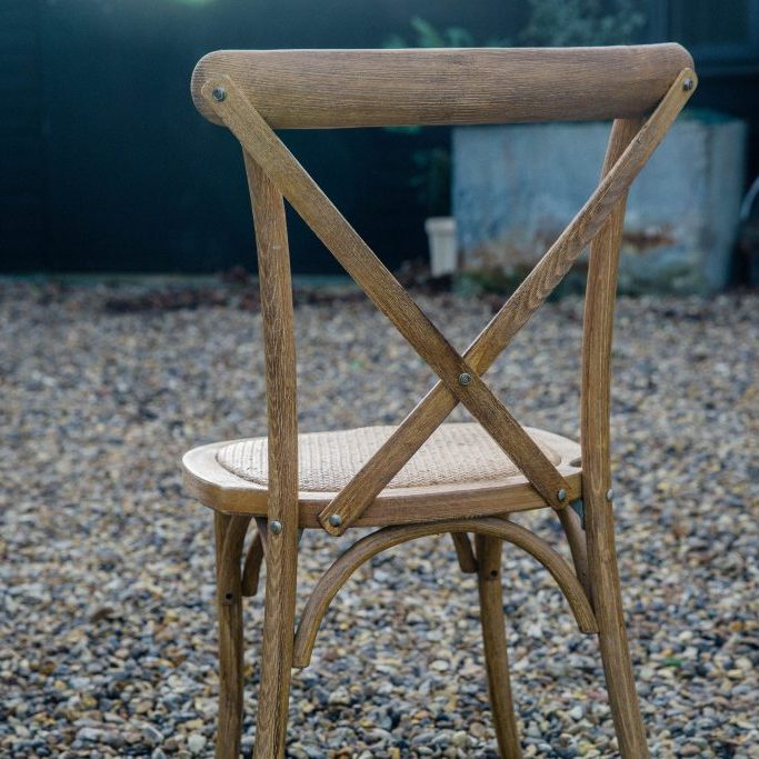 Antique Pine Rattan Cross Back Chairs - Rustic Hire